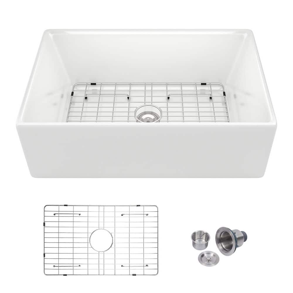 Logmey 28 in. Fireclay Farmhouse Sink Single Bowl Glossy White Kitchen ...