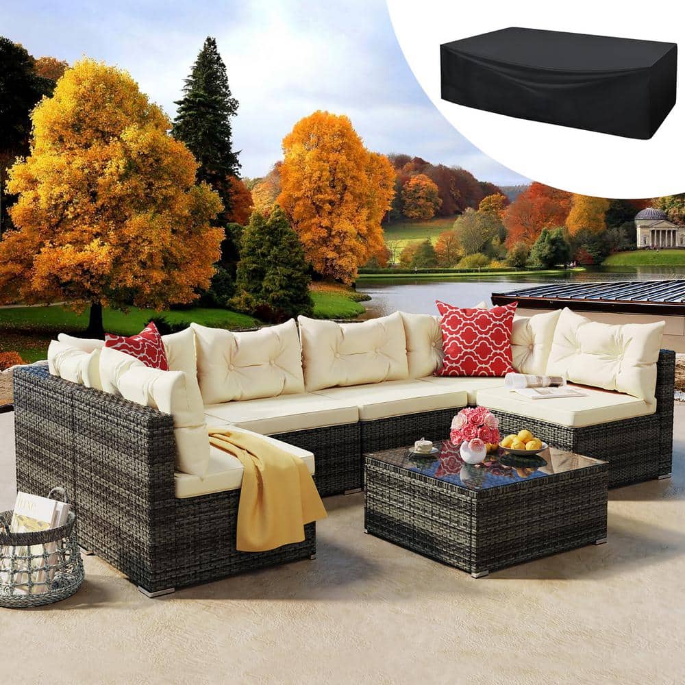 DEXTRUS Green 7-Piece Wicker Patio Conversation Set with Beige Cushions ...