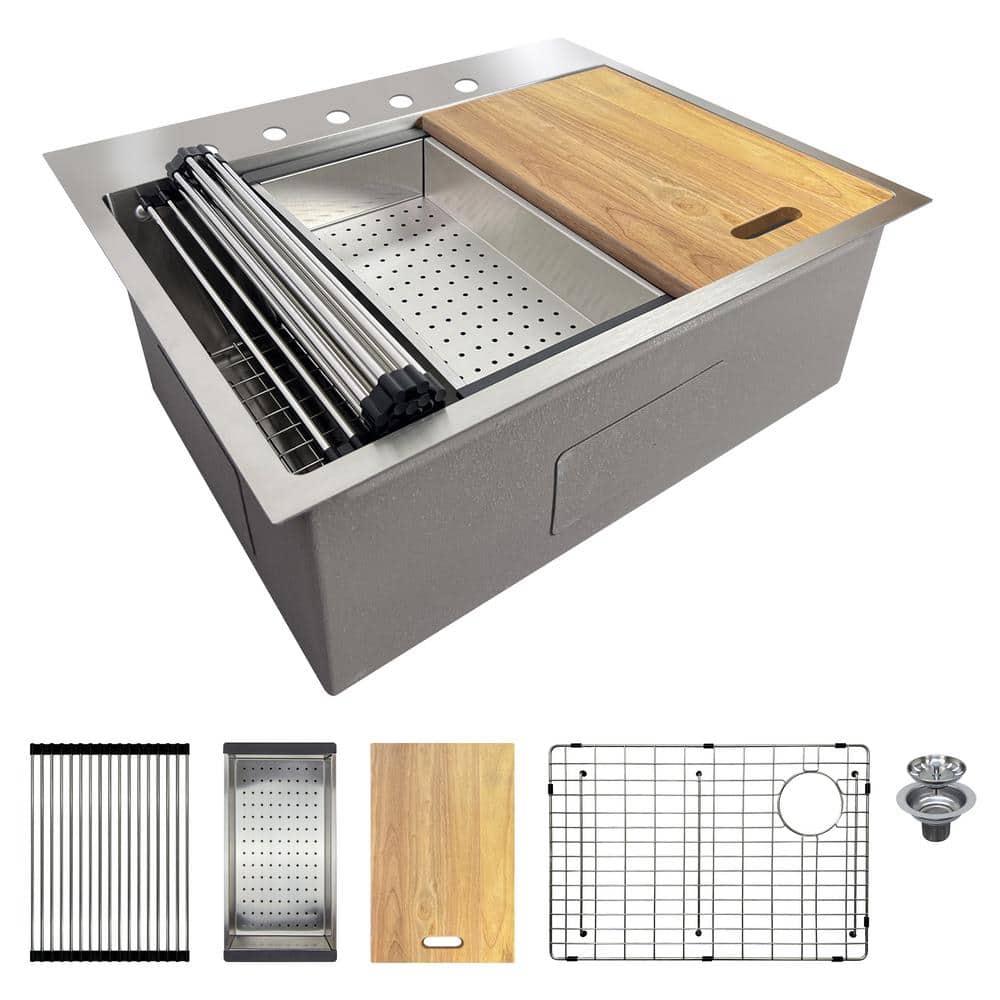 Transolid Workstation 27 in. Drop-In Single Bowl Stainless Steel 5-Hole ...