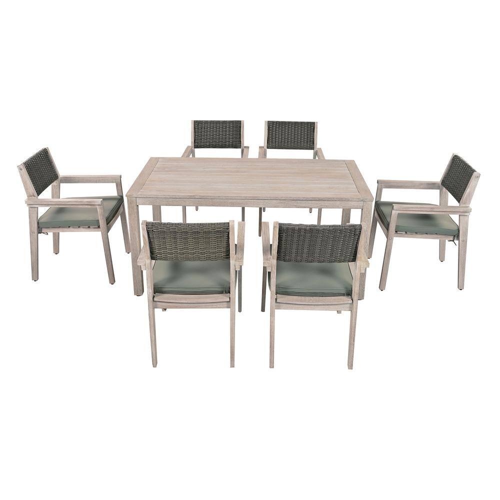 Whitewashed 7-Piece Wood Outdoor Dining Set with Rattan Backrest and ...