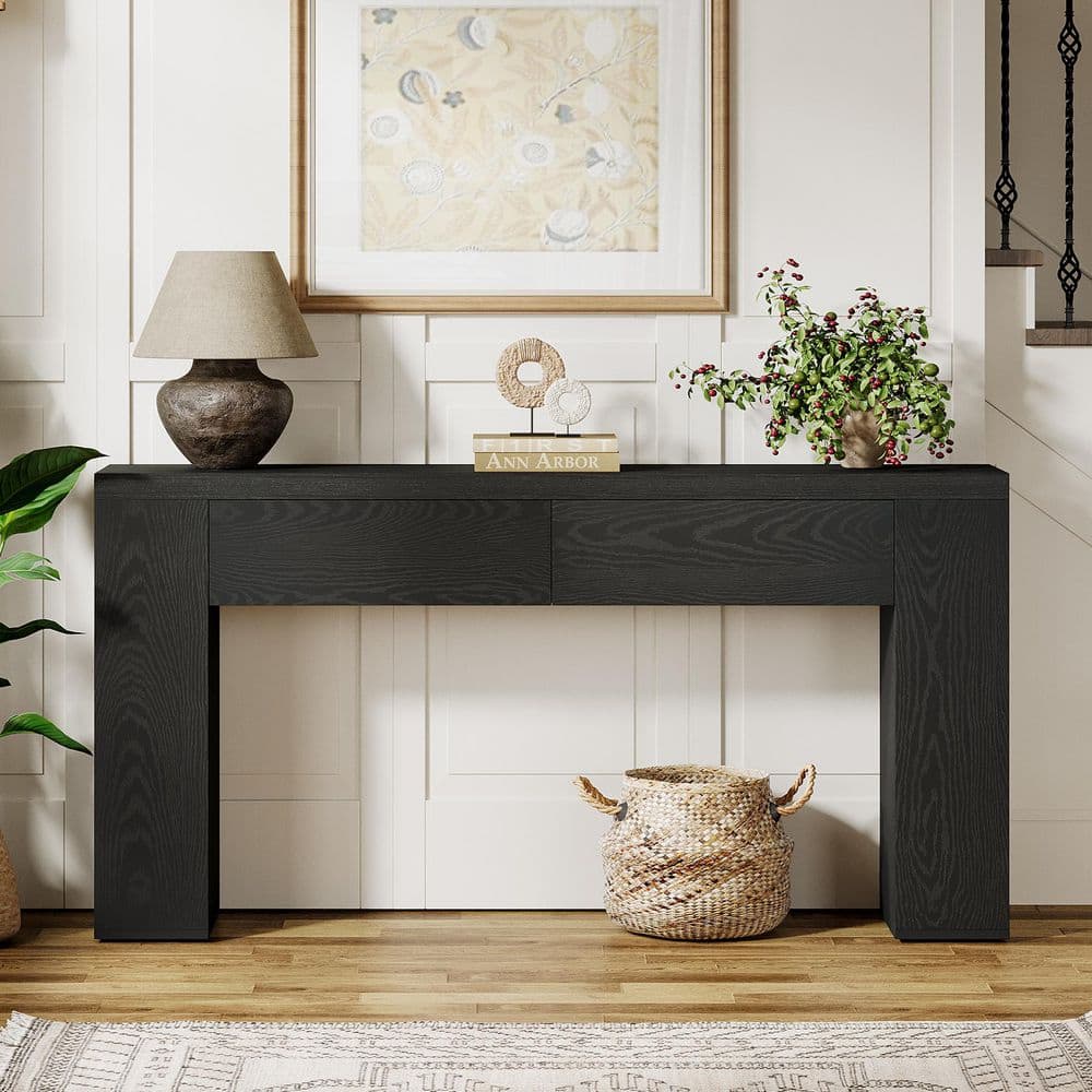 BYBLIGHT Turrella 63 in. Black Console Tables, Rectangle Wood Console ...