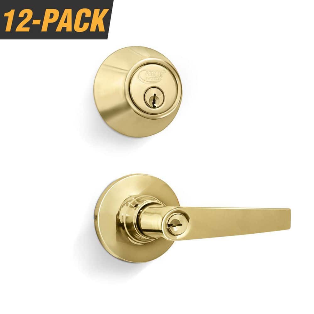 Premier Lock Polished Brass Entry Lock Set Door Lever Handle & Deadbolt ...