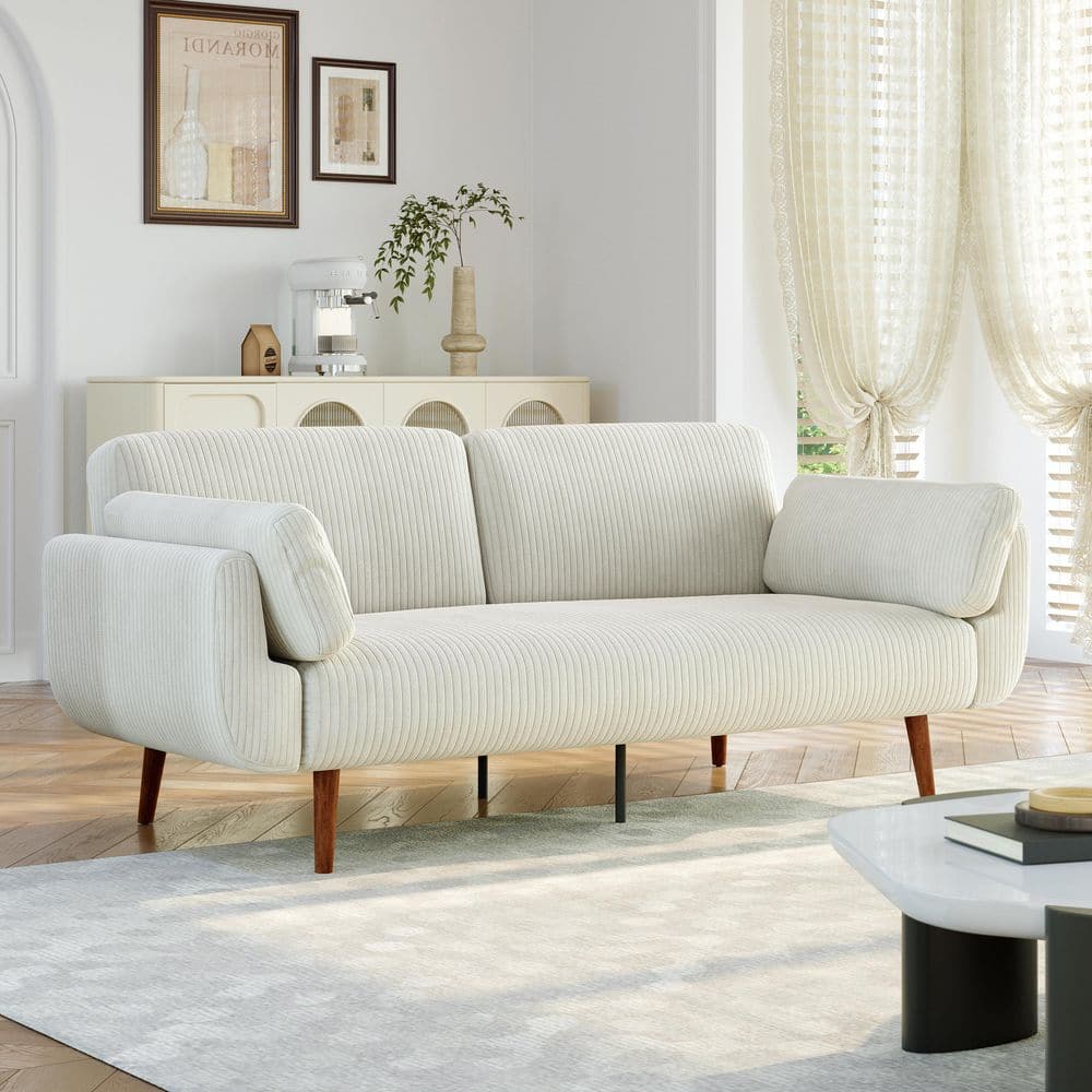 Uixe 73.3 in. W Beige Modern Corduroy Fabric Twin Size Convertible ...