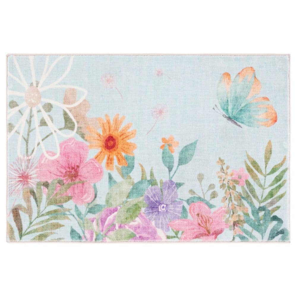 SAFAVIEH Door And Kitchen Mat Aqua/Pink 2 ft. x 4 ft. Machine Washable Floral Garden Area Rug ...