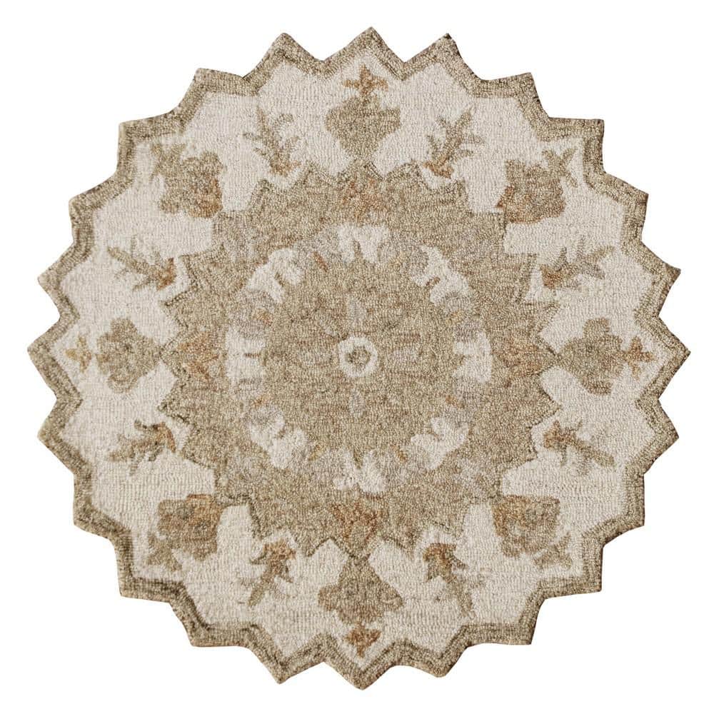 LR Home Brenna Beige/White 3 ft. Round Medallion Transitional Wool Area ...