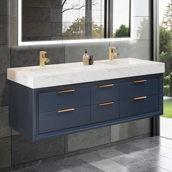 Lonni Floating Bathroom Vanity in Blue Solid Oak/White Marble ...