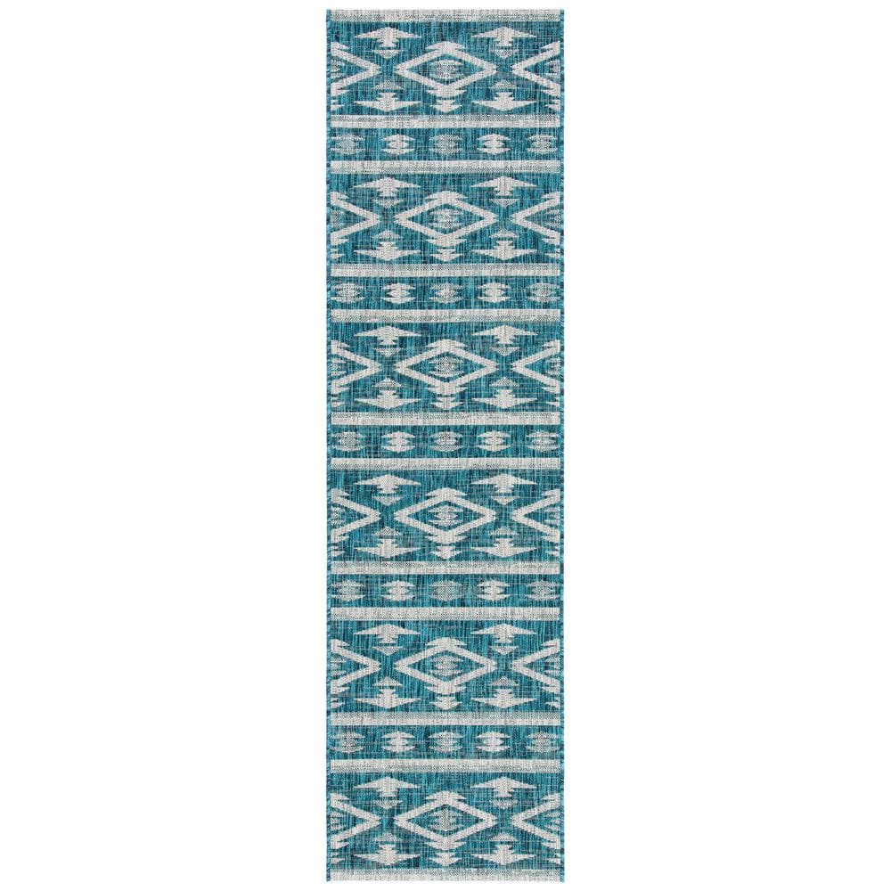 SAFAVIEH Courtyard Teal/Gray 2 ft. x 8 ft. Geometric Indoor/Outdoor ...