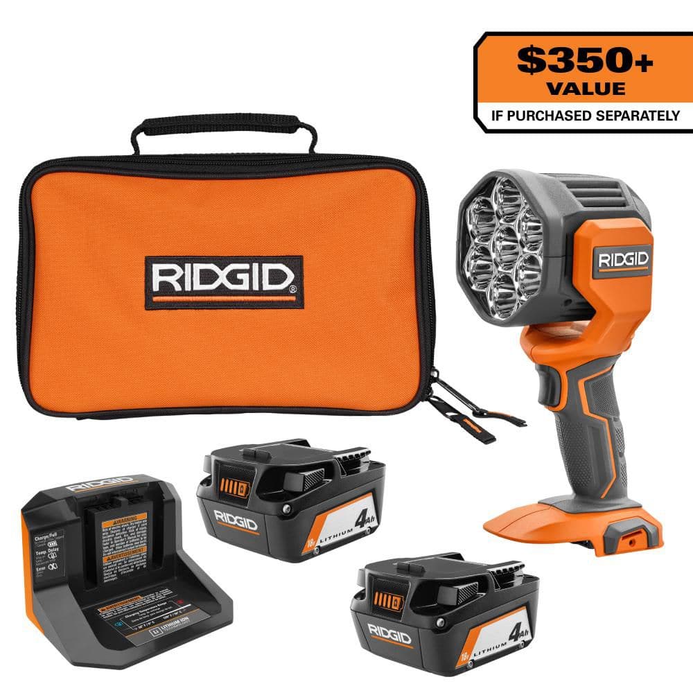 RIDGID 18V Cordless LED Spotlight with (2) 4.0 Ah Batteries, Charger ...