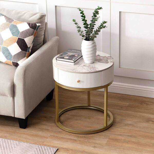 White Iron Metal Outdoor Side Table Marble Round End Table with storage Drawer for Living Room Bedroom AS 482 The Home Depot