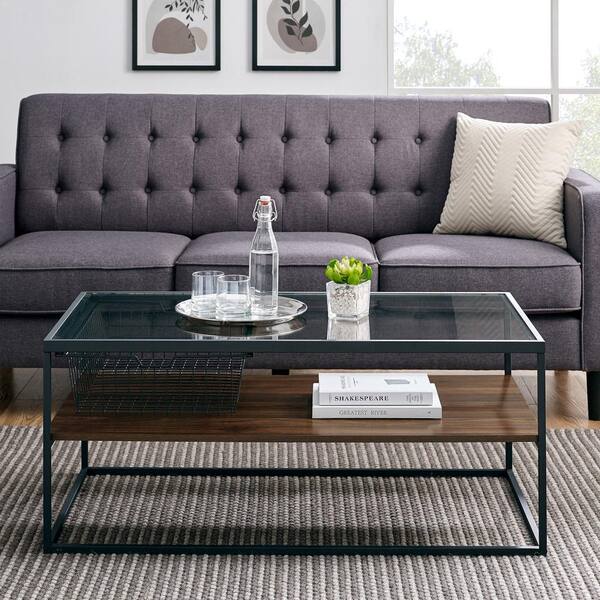 Welwick Designs Mesh 42 in. Dark Walnut Large Rectangle Glass Coffee ...