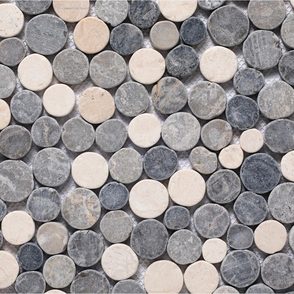 CRUZ BAY STUDIO Stone Penny Rounds Grey and White 4 in. x 6 in. Honed ...