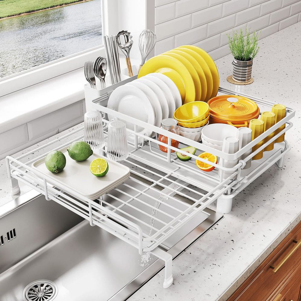 Wudkey White Extendable Stainless Steel Dish Rack with Utensil Holder ...