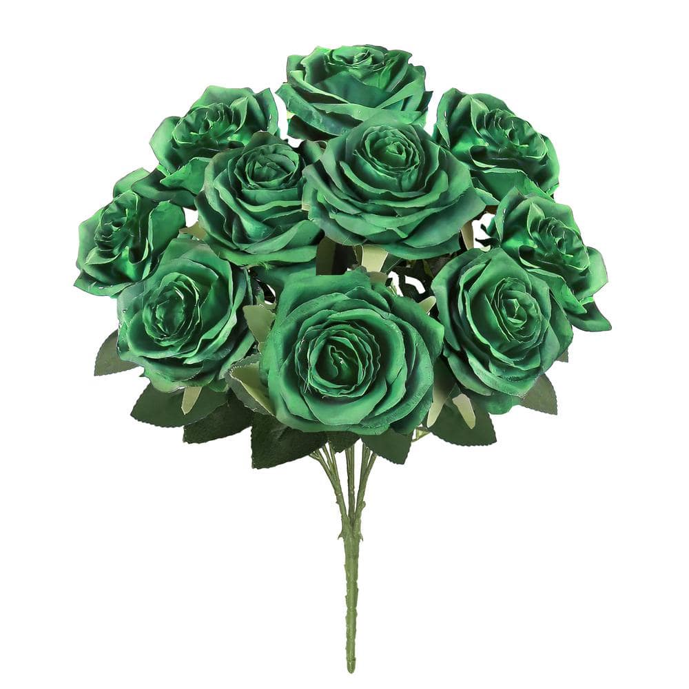 LIVING LUXURY 18 in. Deluxe Emerald Green Artificial Queen Rose Flower ...