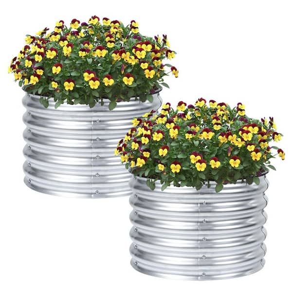 Aoodor Silver Metal Round Raised Garden Bed Modular Planter Box (42 in ...