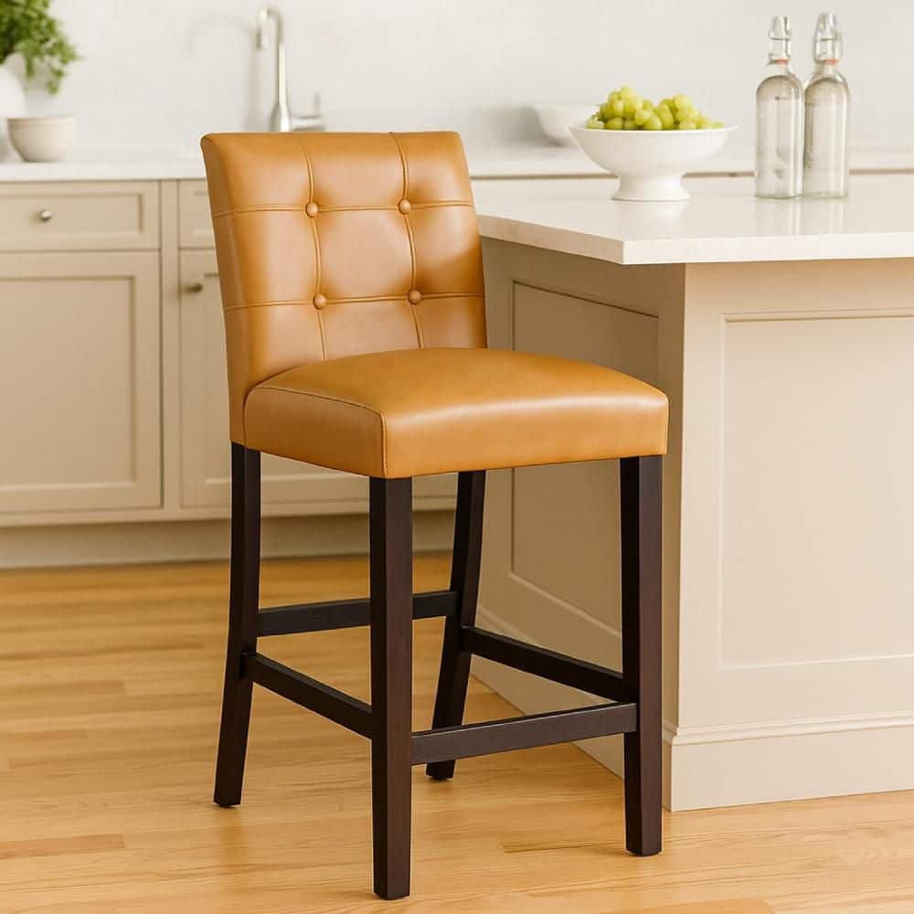 Benjara 39.5 in. H Caramel Brown Low Back Wood Bar Stool with Faux ...