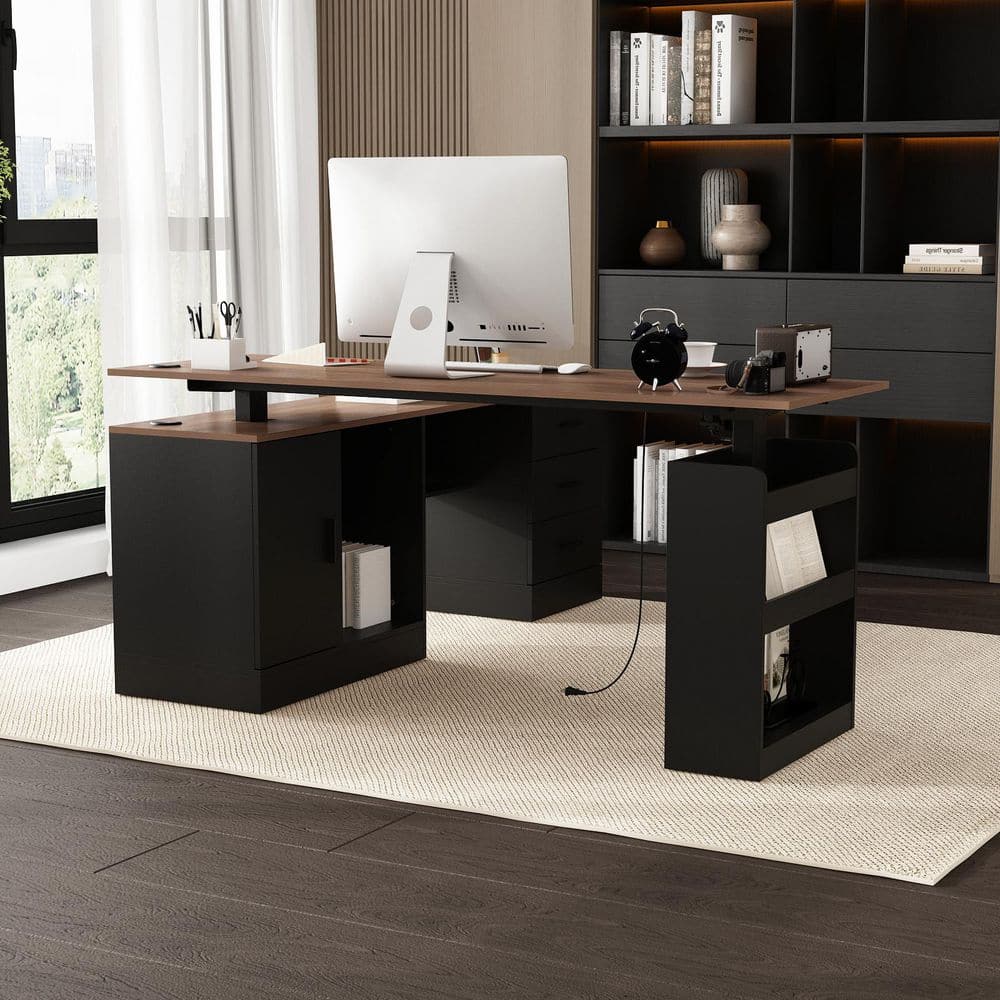 FUFU&GAGA 63 in. W L-Shape Black & Wood Grain Wooden 3-Drawer ...