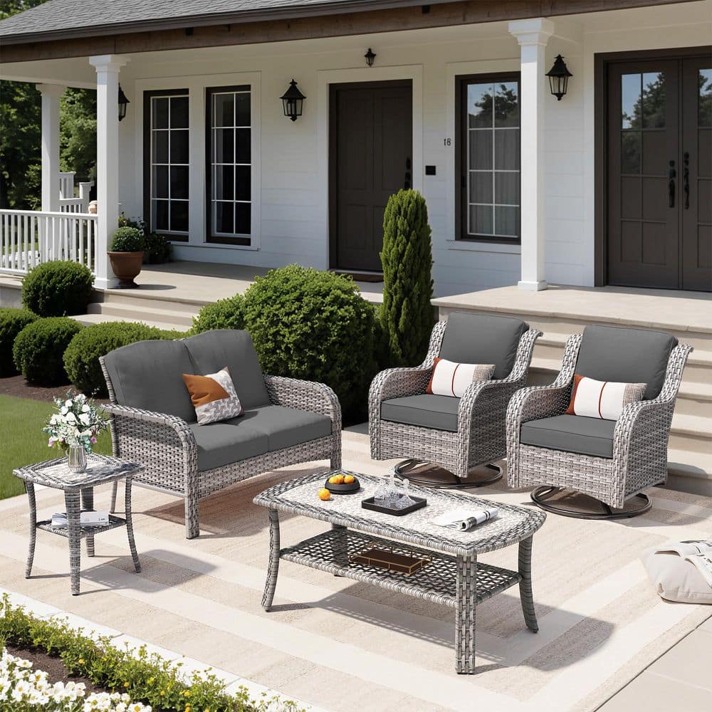 OVIOS Miziisy Gray 5-Piece Wicker Patio Conversation Set with Black ...