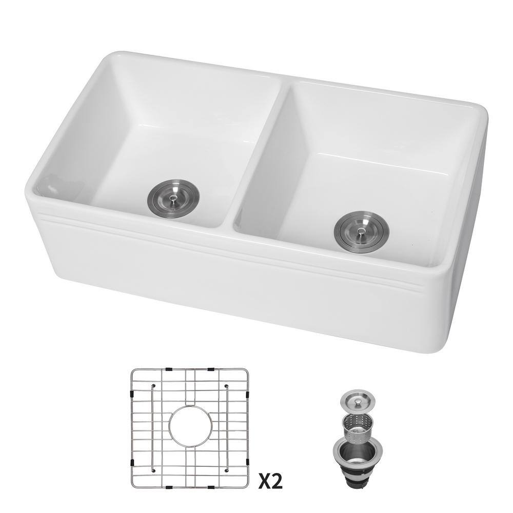 Staykiwi 33 In Farmhouse Apron Front Double Bowl 50 50 White Ceramic