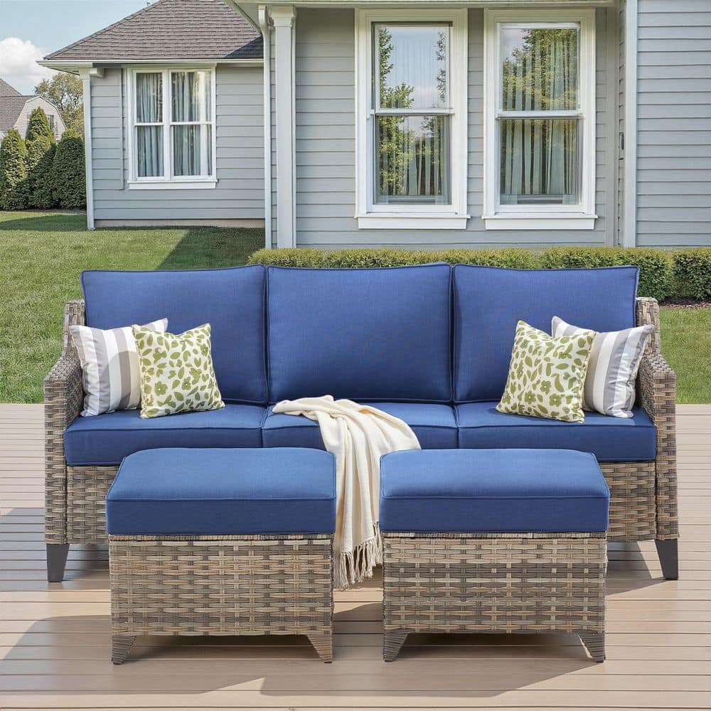 Buenaola 3-Piece Metal and Wicker Outdoor Sectional Armchair Sofa Couch ...