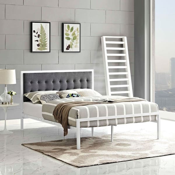MODWAY Millie White Gray Powder Coated Steel Metal Frame King Platform ...