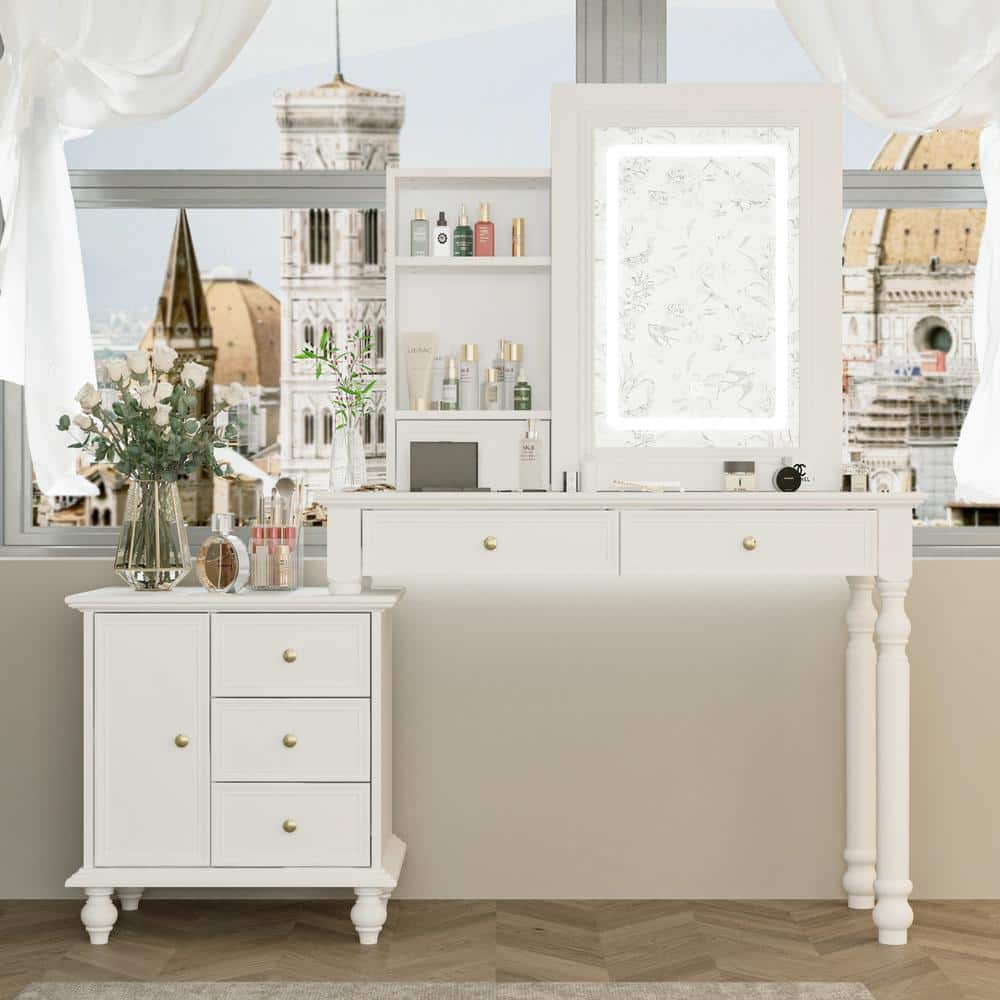 FUFU&GAGA White Makeup Station Makeup Vanity Mirror Wood Dressing Table ...