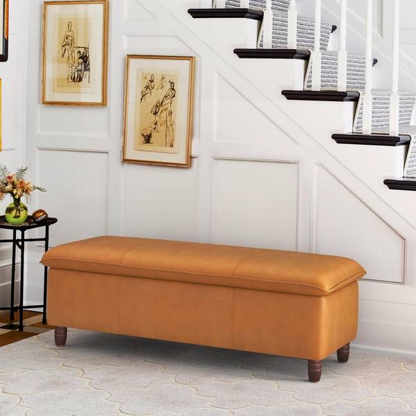 LUE BONA 49 in. Whisky Brown Upholstered Faux Leather Storage Ottoman with Safety Hinge GA WBR0083 The Home Depot