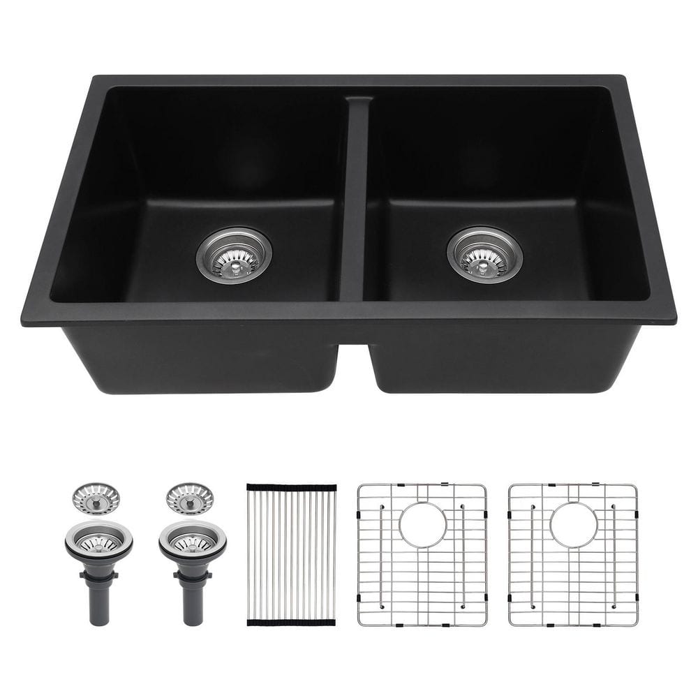 33 in. Undermount Double Bowl Black Quartz Kitchen Sink with Bottom ...