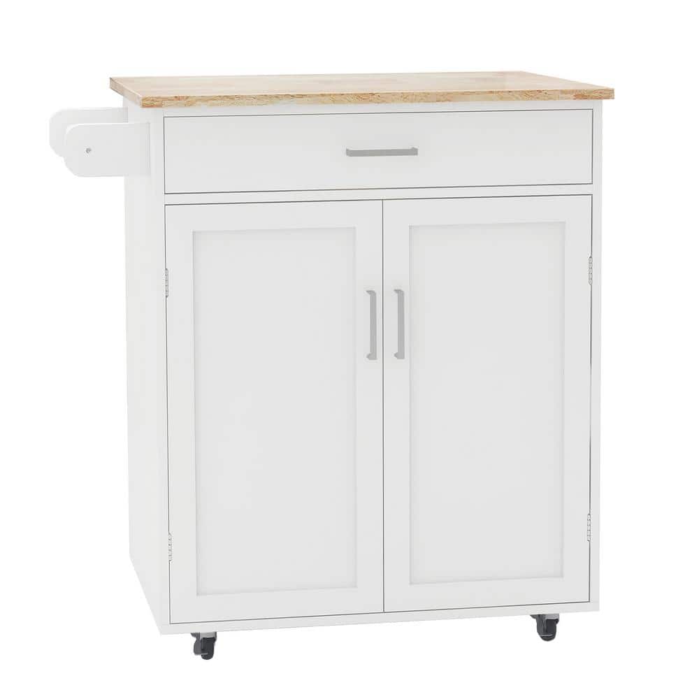 Hooseng Greenwood White Kitchen Cart with Rubber Wood Top and 2-Doors ...