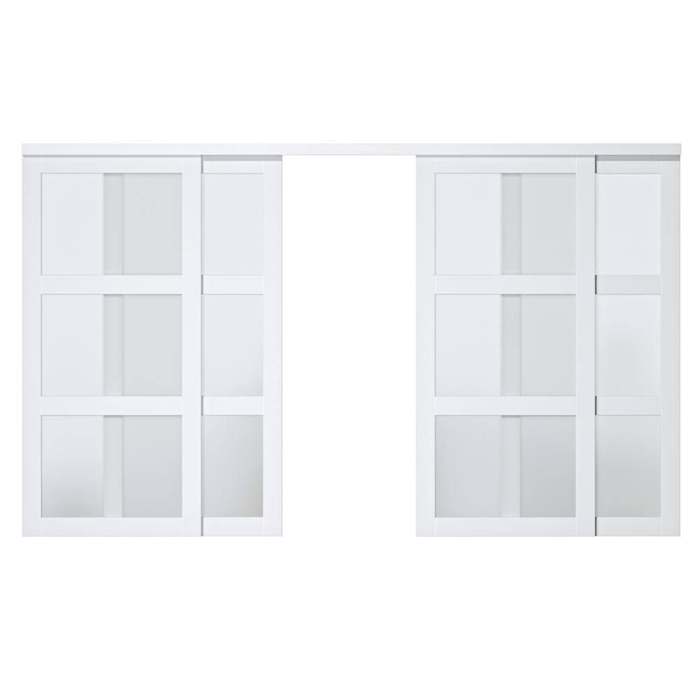 EH PUERTA 144 in. x 80 in. 3 Lites Frosted Glass MDF Closet Sliding ...