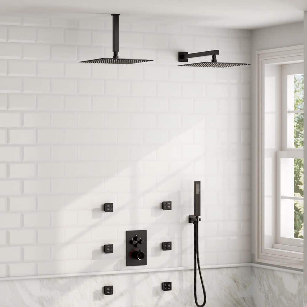 GRANDJOY 15-Spray Square 12 in. Thermostatic Multifunction Wall Bar ...