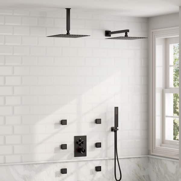 GRANDJOY 15-Spray Square 12 in. Thermostatic Multifunction Wall Bar ...