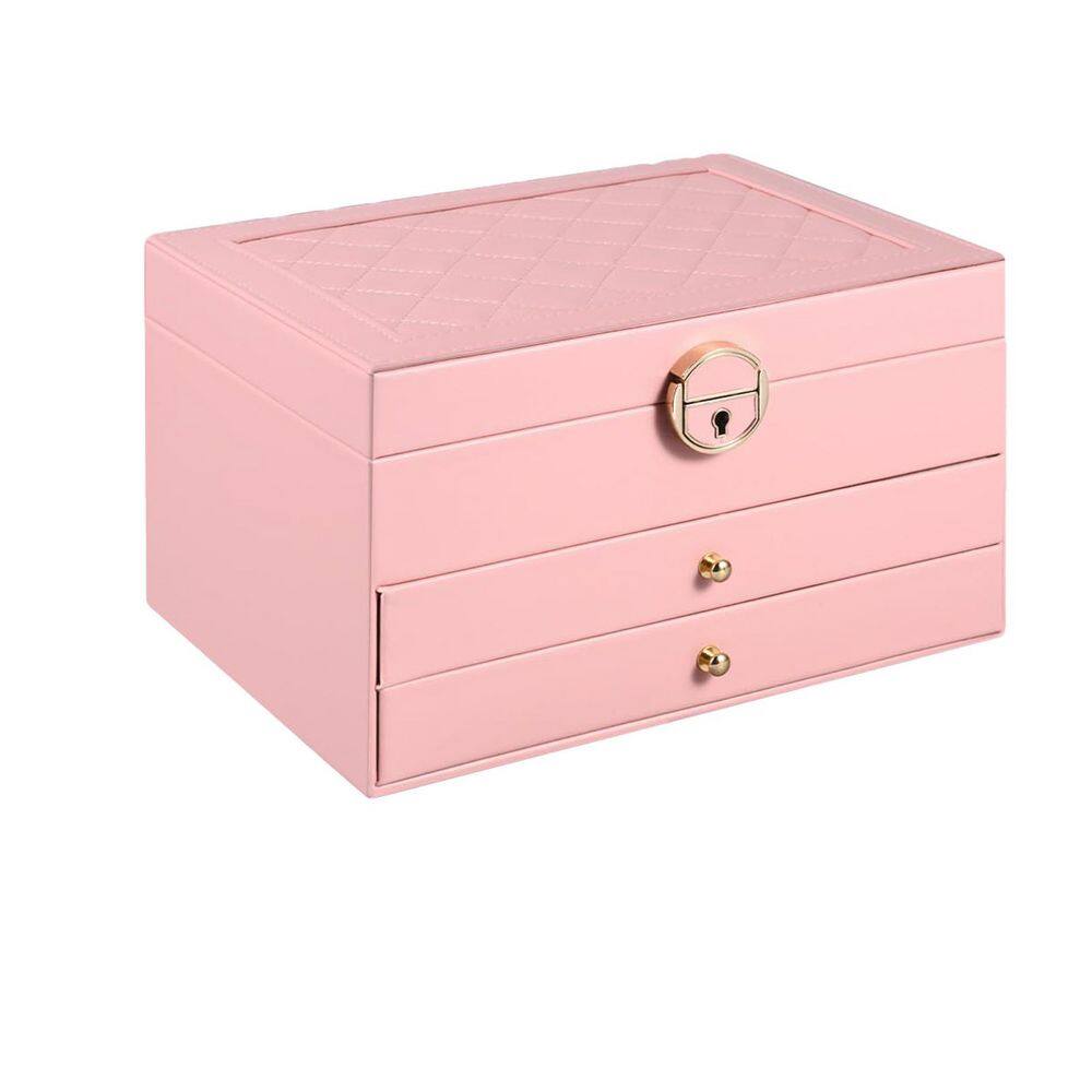 9 x 5.3 in. Pink PU Leather 3 Layer Jewelry Box with Mirror and Drawers ...