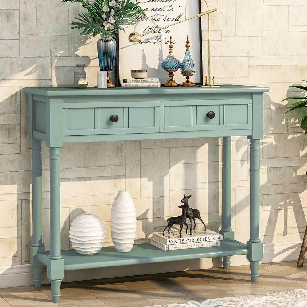 Qualler 36 in. Rectangle Retro Blue Wood Console Table with 2-Drawers ...