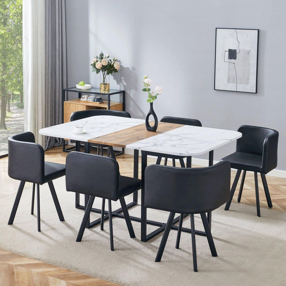 Polibi 7-Piece Rectangular White/Black Wood Top Dining Table Set Seats ...