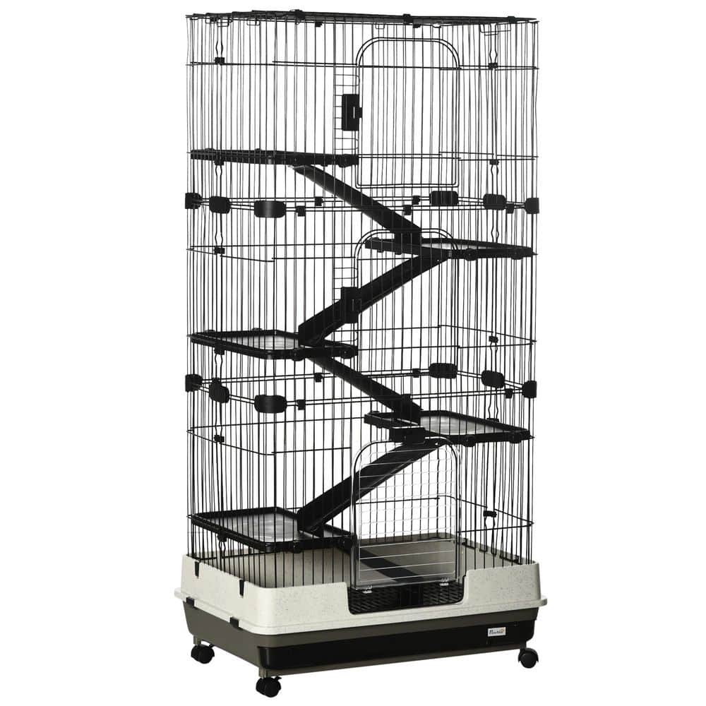 62 in. Black Steel Animal Cage with Wheels, Removable Tray, Platforms ...