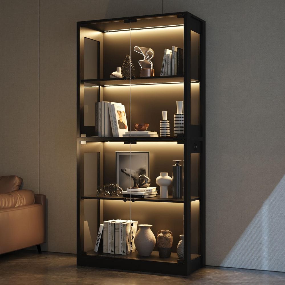 FUFU&GAGA Black Wood 65 in. Tall 4-Shelf Glass Doors Standard Bookcase ...