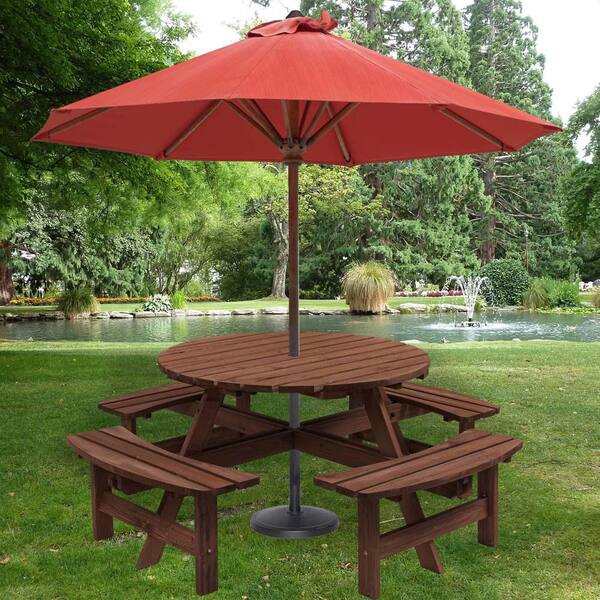 70 in. Brown Round Wood Picnic Table Seats 8 People with Umbrella Hole ...
