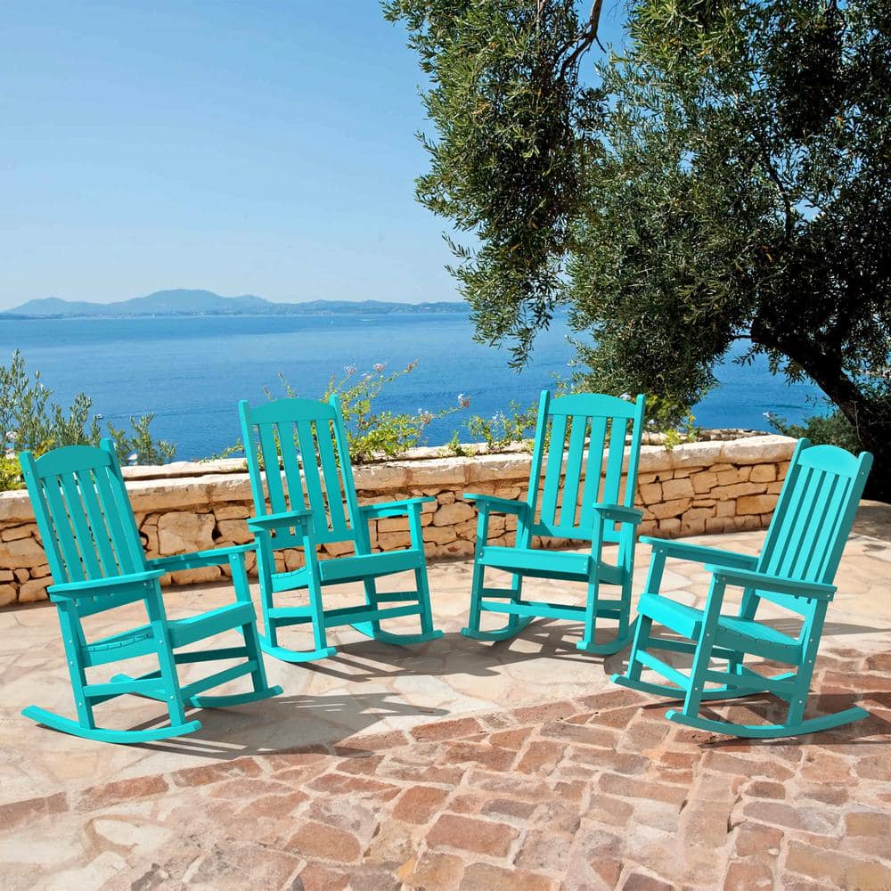 Lue Bona Aruba Blue Plastic Adirondack Outdoor Rocking Chair With High