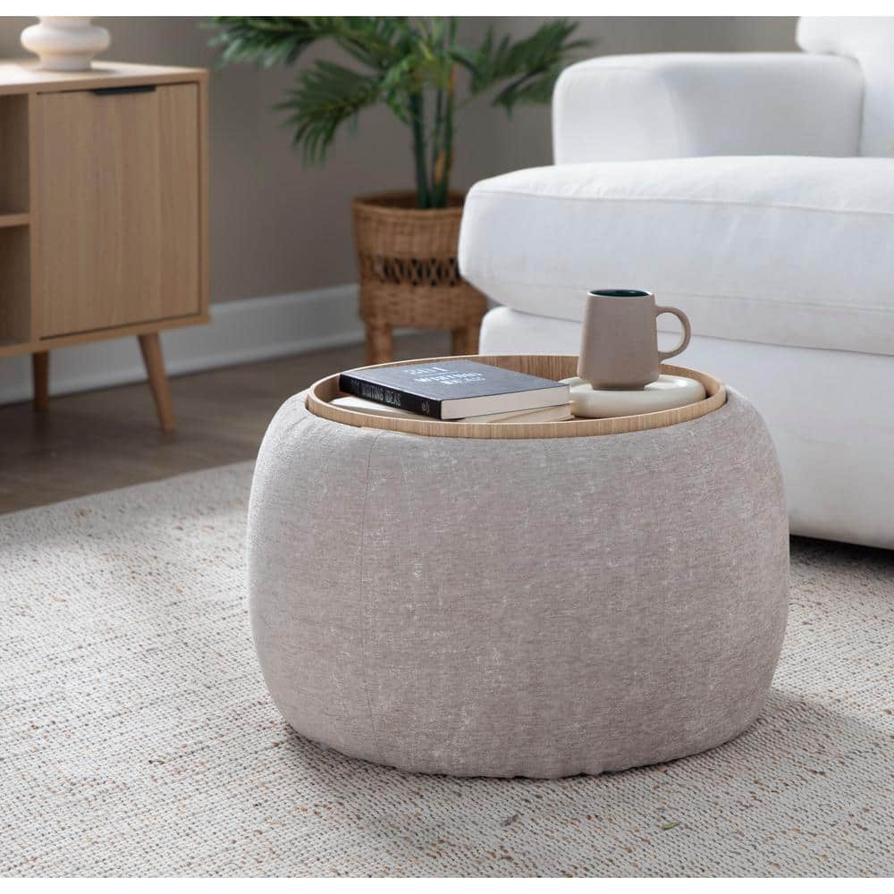 Lumisource Tray Pouf Natural Wood and Light Brown Fabric Ottoman OT ...