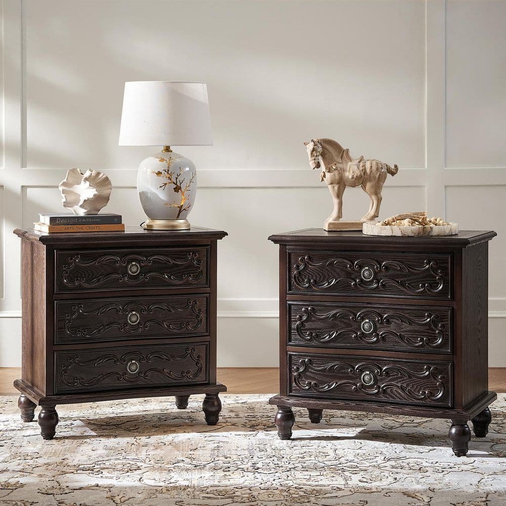 JAYDEN CREATION Isaac Walnut 3-Drawer 26 in. W Nightstand with Cable ...