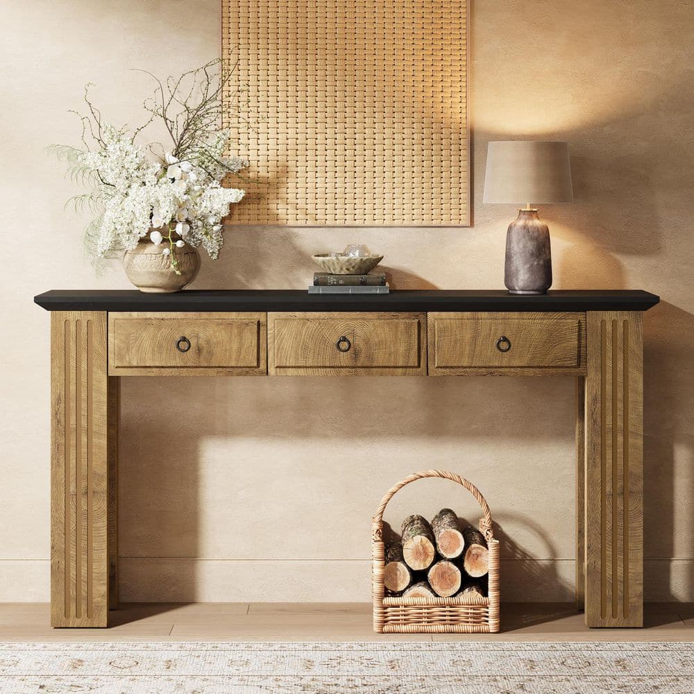 BYBLIGHT Turrella 63 in. Brown Rectangle Wood Console Table Entryway ...