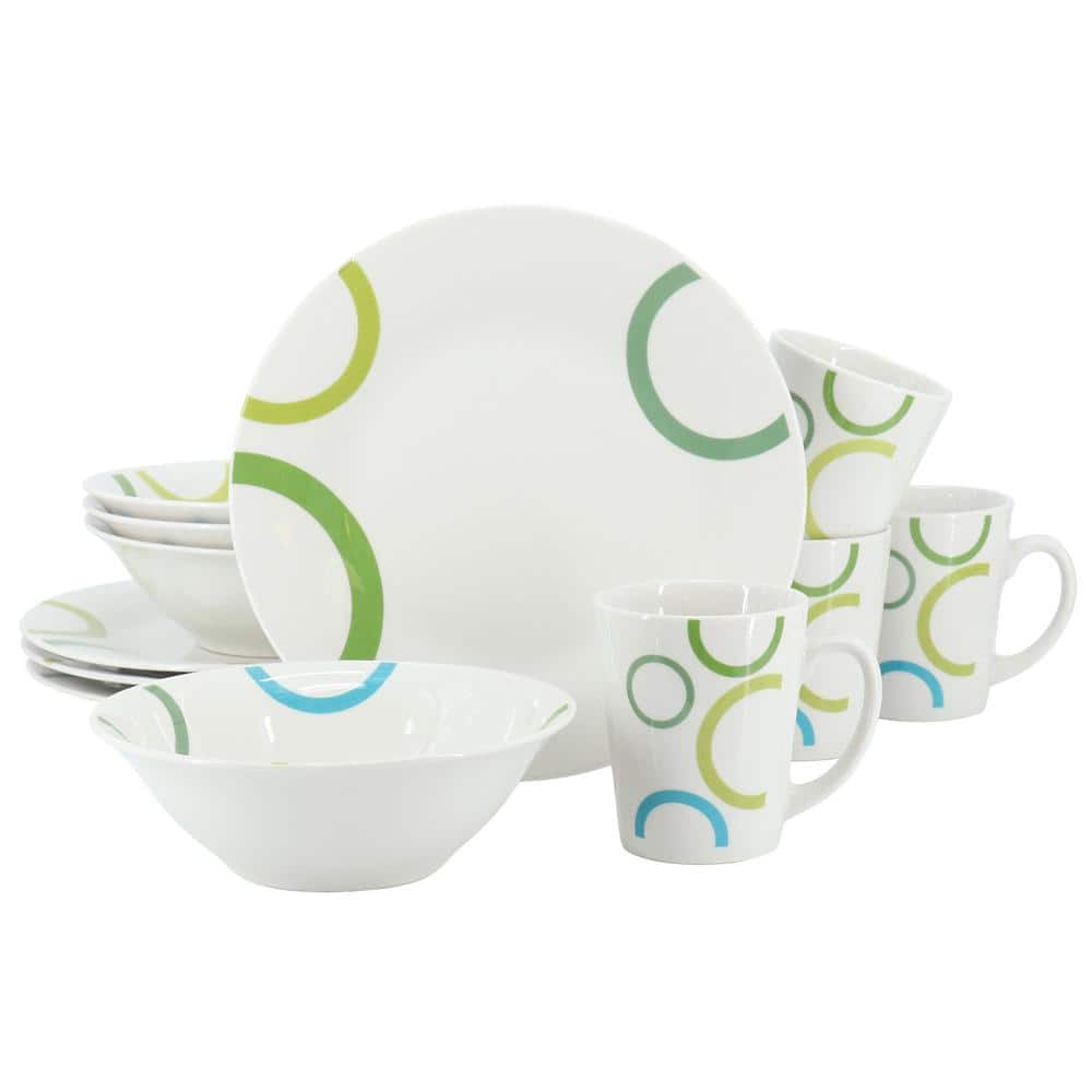Gibson Home Green Loops 12-Piece White Round Fine Ceramic Dinnerware ...