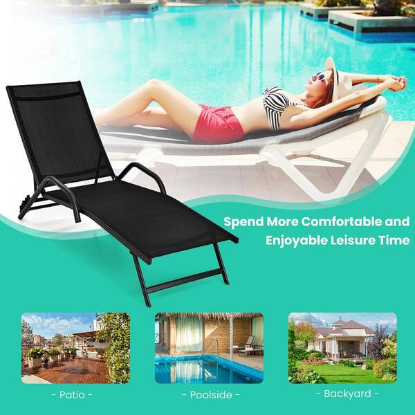 2 Pieces Outdoor Chaise Lounge with 5 Position Adjustable Backrest Black Costway