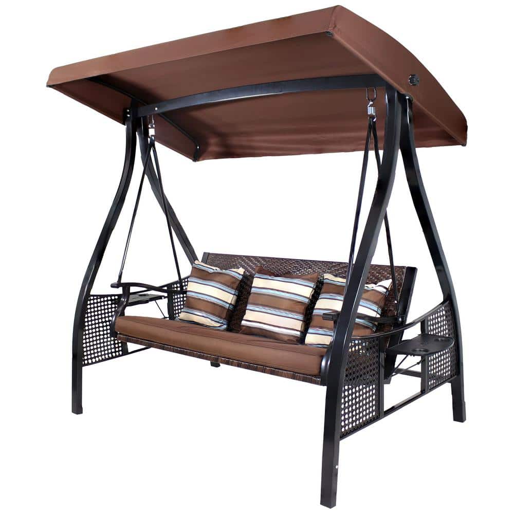Sunnydaze Deluxe Steel Frame Canopy Porch Swing with Brown Striped ...