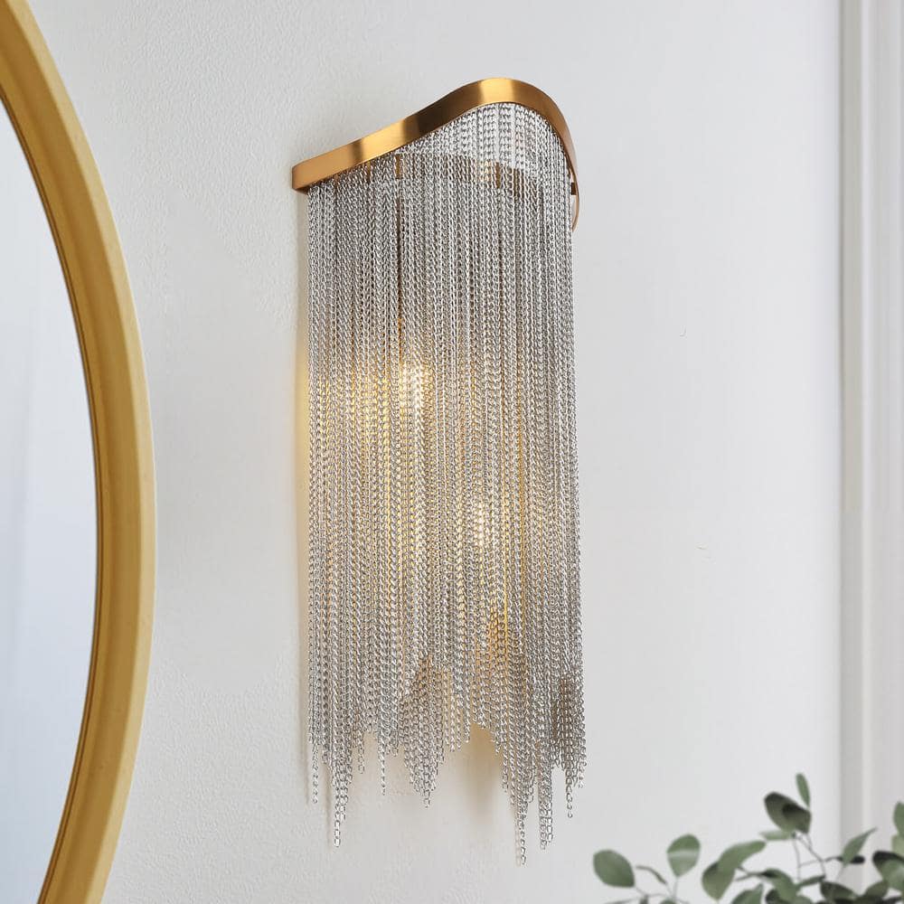 LNC Veils 2-Light Plated Brass Chain Tassel Wall Sconce with Silver Fringe for Living Room ...