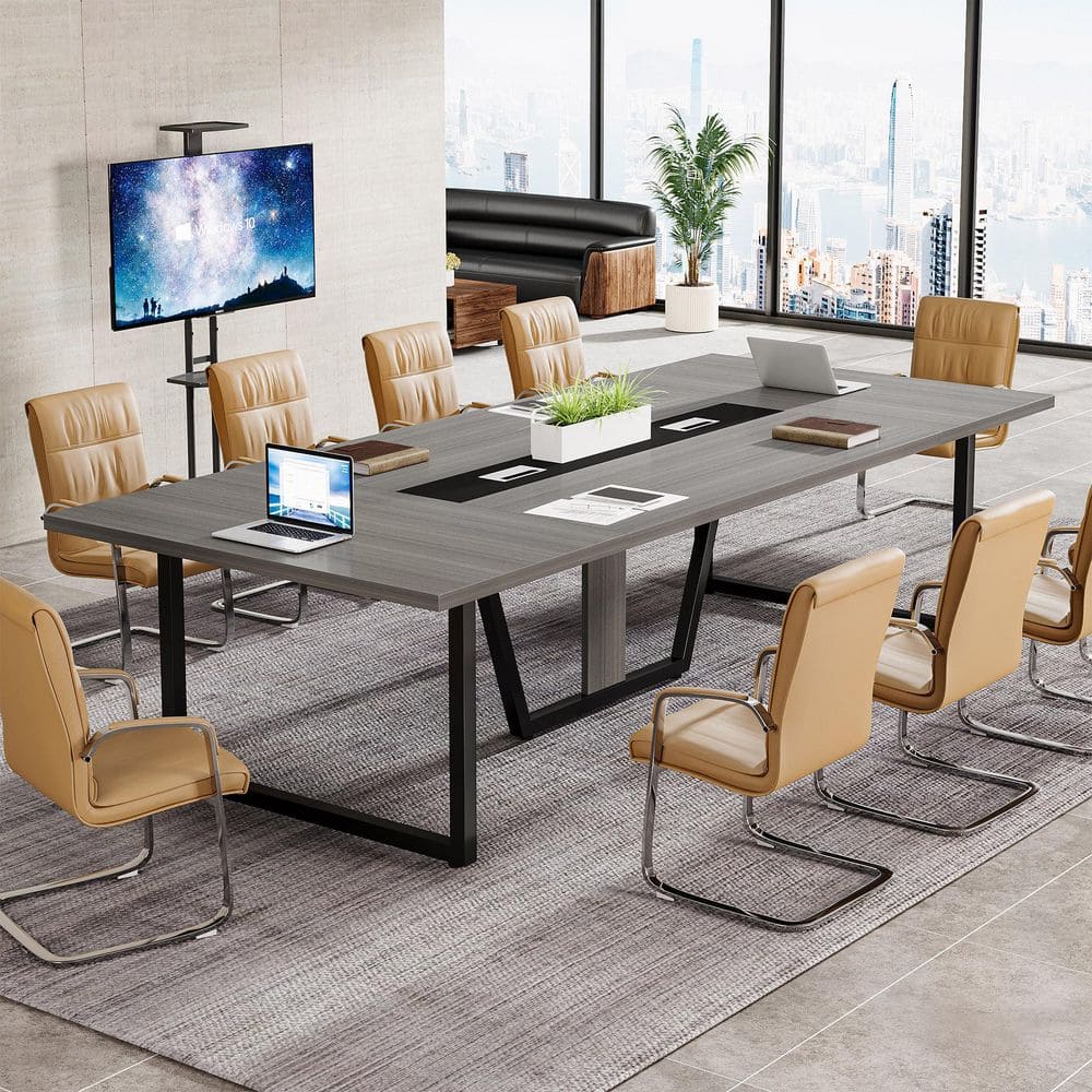 BYBLIGHT Moronia 94.5 in. Rectangle Grey Wood Conference Desk for 10 ...