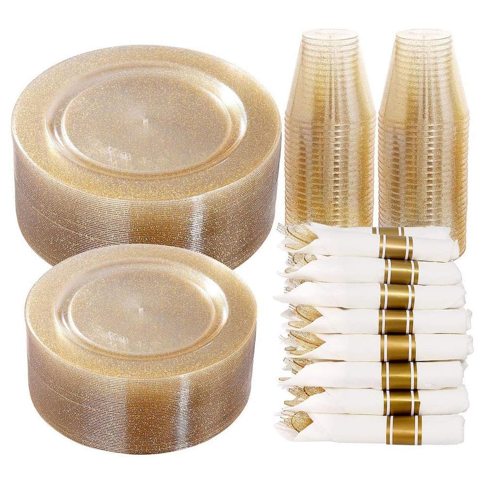 Adrinfly Gold Glitter Disposable Dinnerware Set - 350-Pieces (50-Plates ...