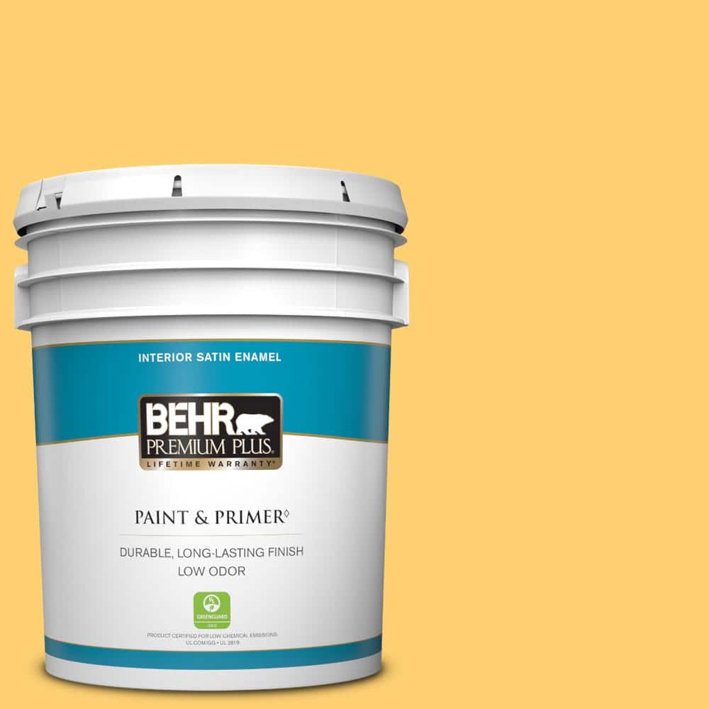 BEHR PREMIUM PLUS 5 gal. #320B-6 Mellow Yellow Satin Enamel Low Odor ...