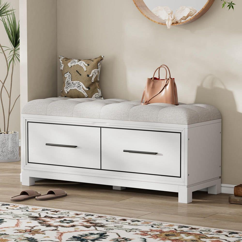 Nestfair 18.1 in. H x 43 in. W White Wood Shoe Storage Bench with ...