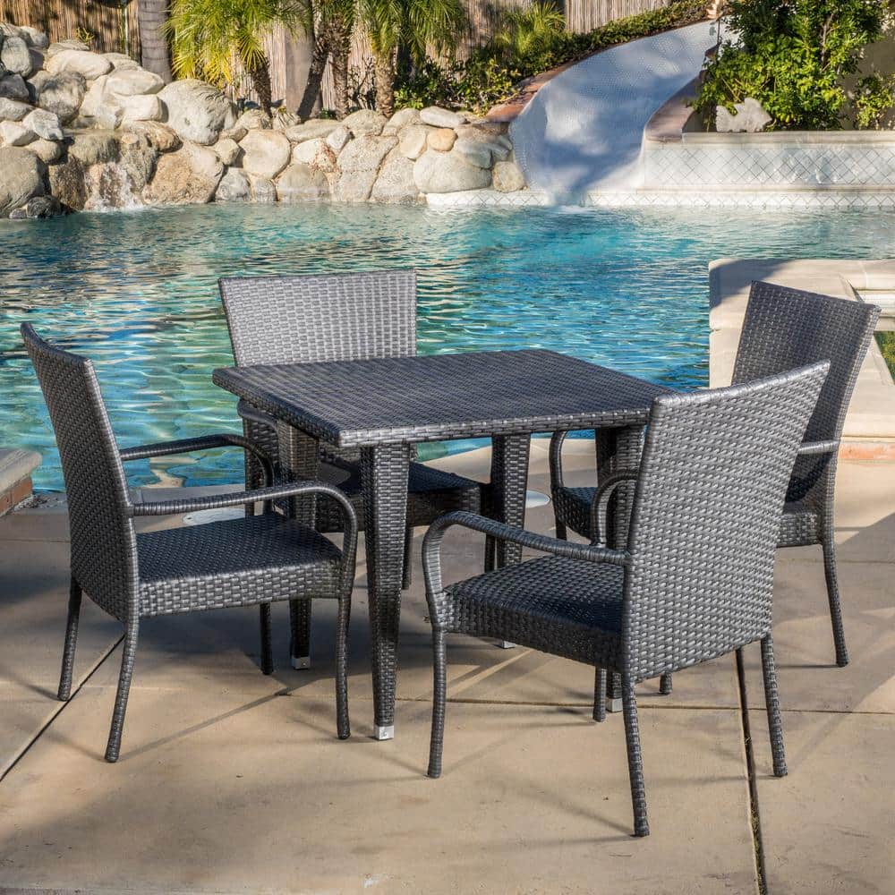 Noble House Delani Gray 5-Piece Faux Rattan Patio Outdoor Dining Set ...